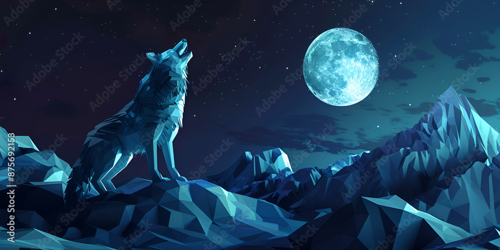 Low Poly Wolf A Mesmerizing Howl Under the Full Moon Geometric Night ...