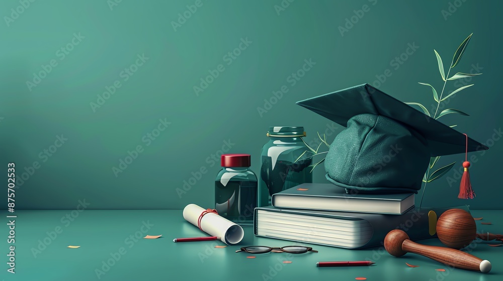 Graduation-themed still life with cap, books, diploma, judge gavel, ink ...