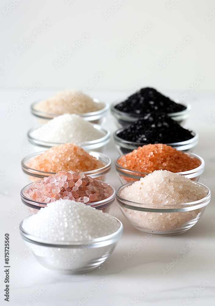 Aesthetic arrangement of Himalayan pink salt, sea salt, kosher salt ...