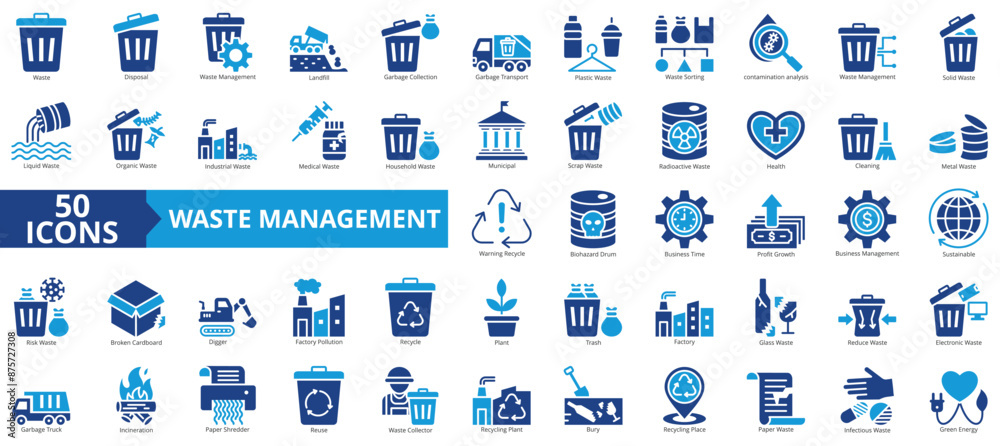 Waste management icon collection set. Containing disposal, landfill ...