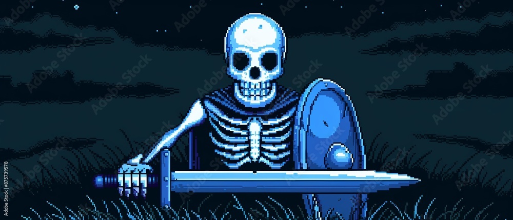 Skeleton warrior with a sword and shield, pixel art, white and black ...