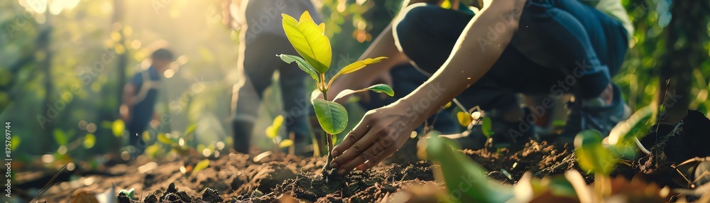 Volunteer gardener is carefully planting a small tree sapling in the ...