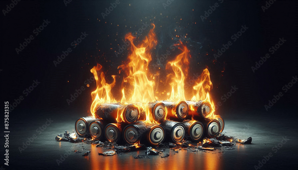 Lithium batteries on fire on dark background, Concept Lithium Battery ...