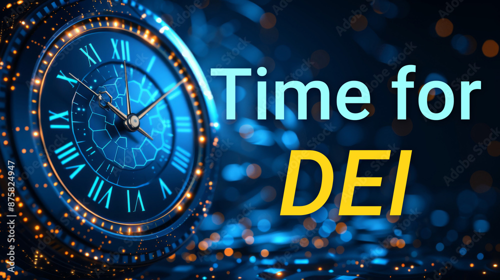 Time for DEI text next to a futuristic neon clock on a dark background ...