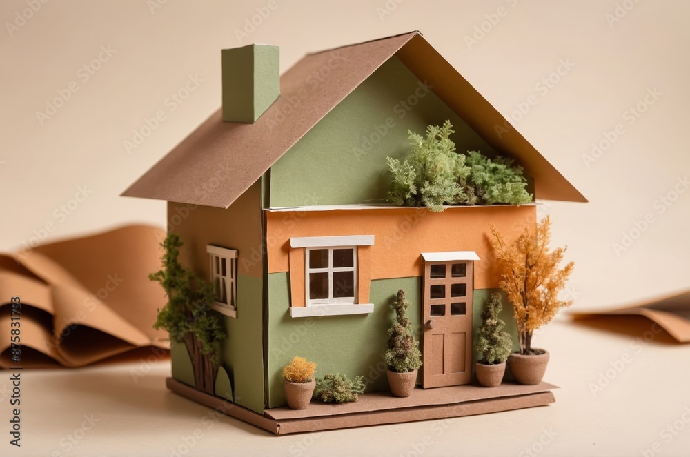 Miniature papercraft house with green roof and orange accents featuring ...