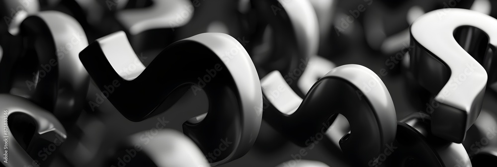 3D rendering of a black and white background with question marks. A ...