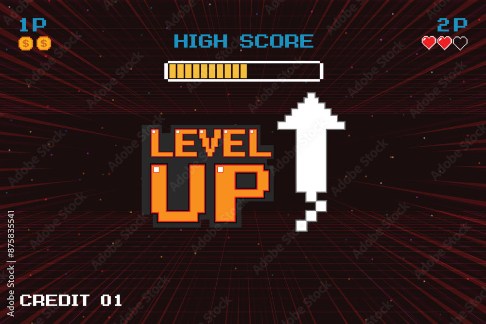 LEVEL UP. pixel art .8 bit game. retro video game. for game assets ...