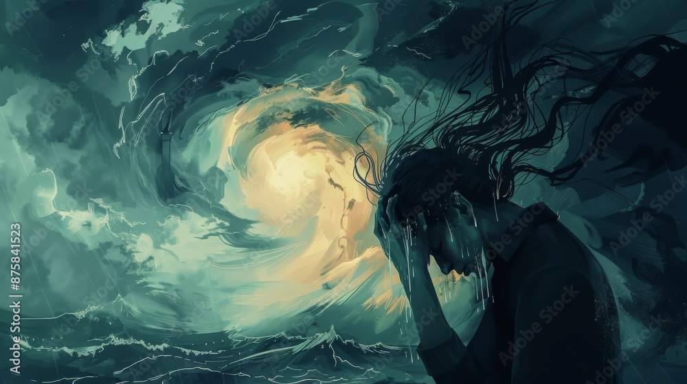 A powerful illustration of a person weeping with their head in their ...