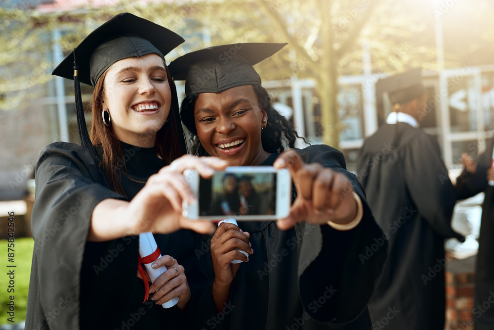 Happy girl, students and graduation with selfie for memory, photography ...