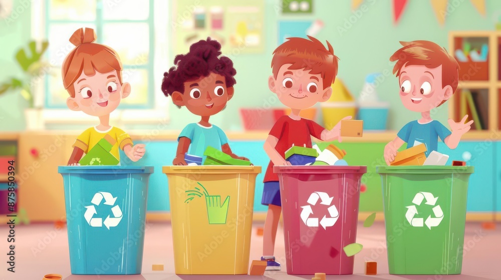 Cartoon kids sorting trash into recycling bins. Stock Illustration ...