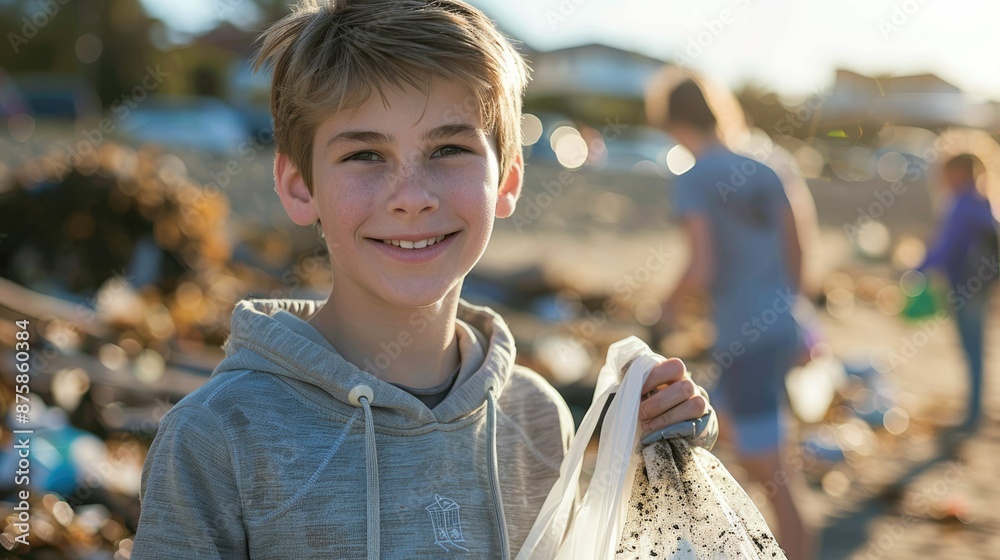 The picture of the caucasian boy and plastic bag with happiness at the ...