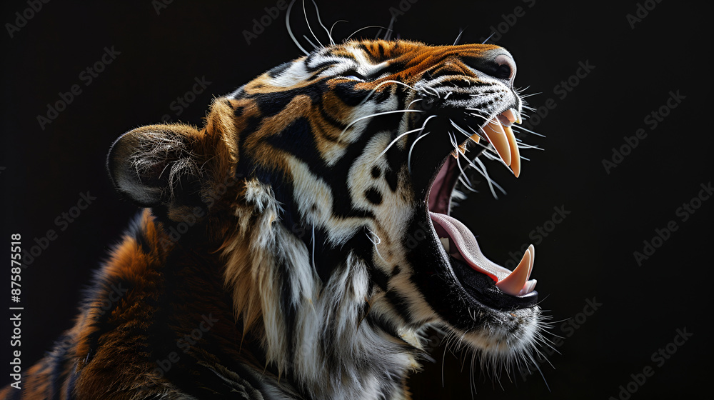 Ferocious tiger head on black background, Portrait of a tiger with open ...