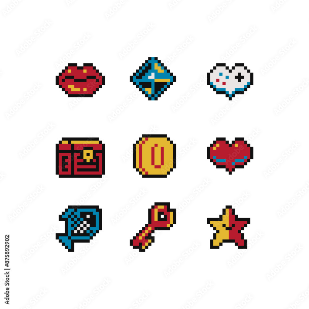 Cute pixel art icons set, 80s style, sticker design pack, lips, diamond ...