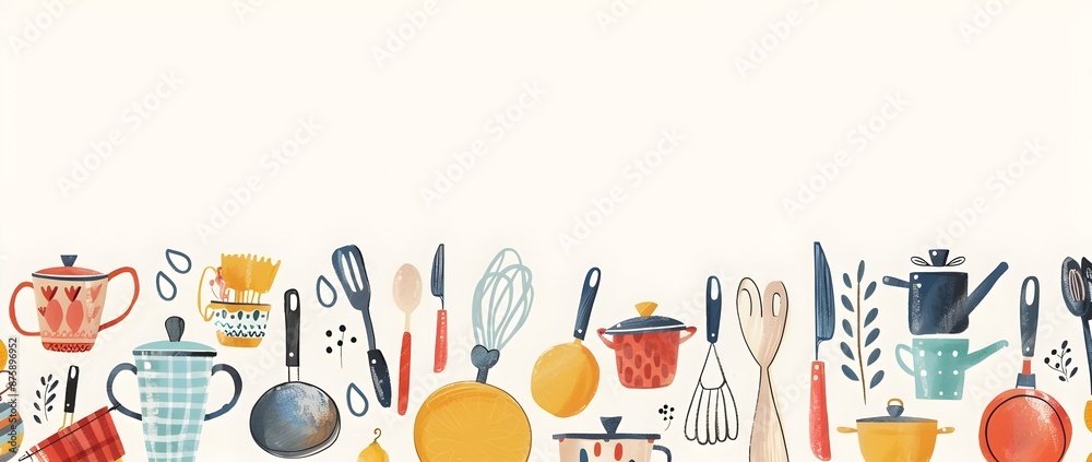 Whimsical Plaid Border Design of Illustrated Cooking Utensils and ...