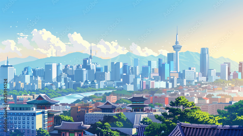 panorama of the city, Illustration of Seoul city, South Korea's ...