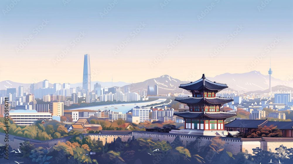 panorama of the city, Illustration of Seoul city, South Korea's ...