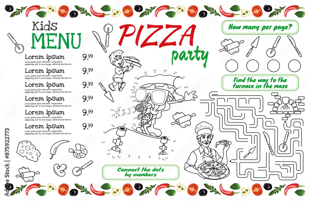 Kids menu for a pizzeria with interesting tasks for children. 17x11 ...