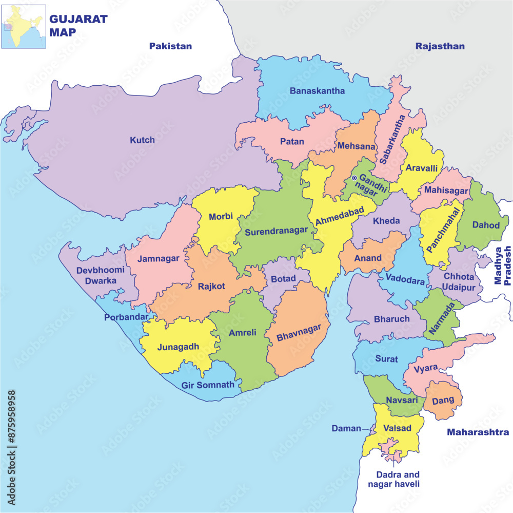 Detailed vector Illustration of Gujarat map State and District map with neighbour geographical ...