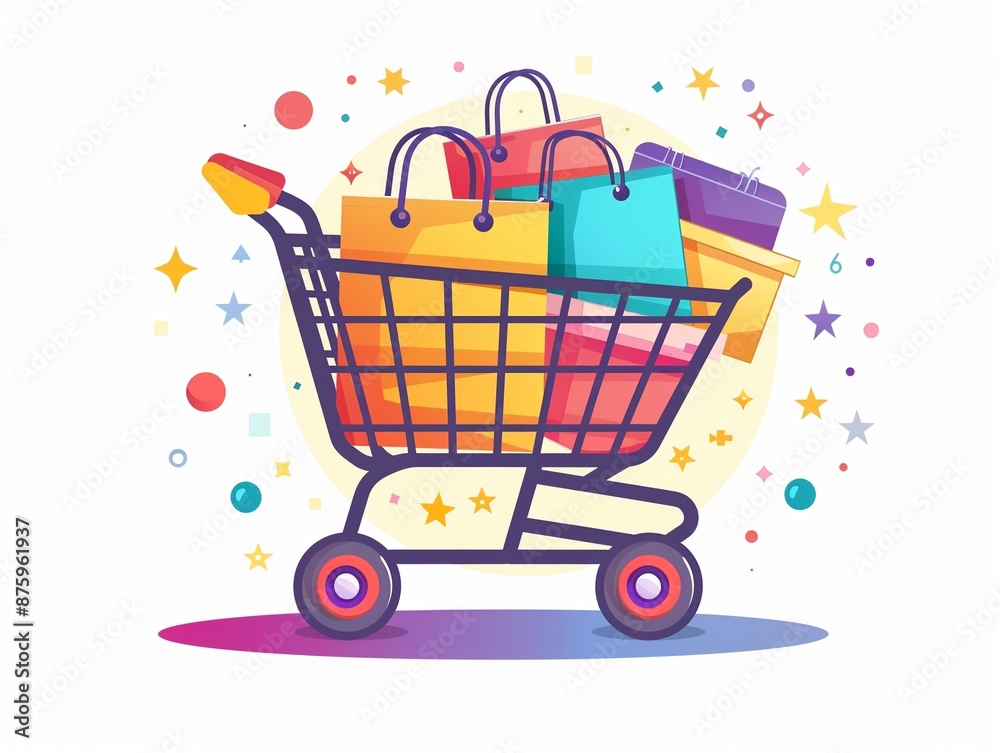 E-commerce shopping cart clipart, vibrant goods, flat art, simple ...