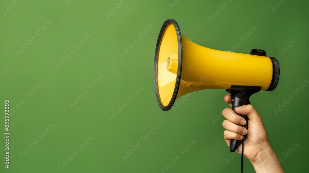 Hand holding small megaphone isolated green background studio photo ...