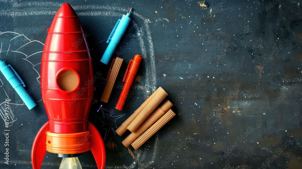 Chalkboard display of ruby red rocket, cyan highlighters, brown glue ...