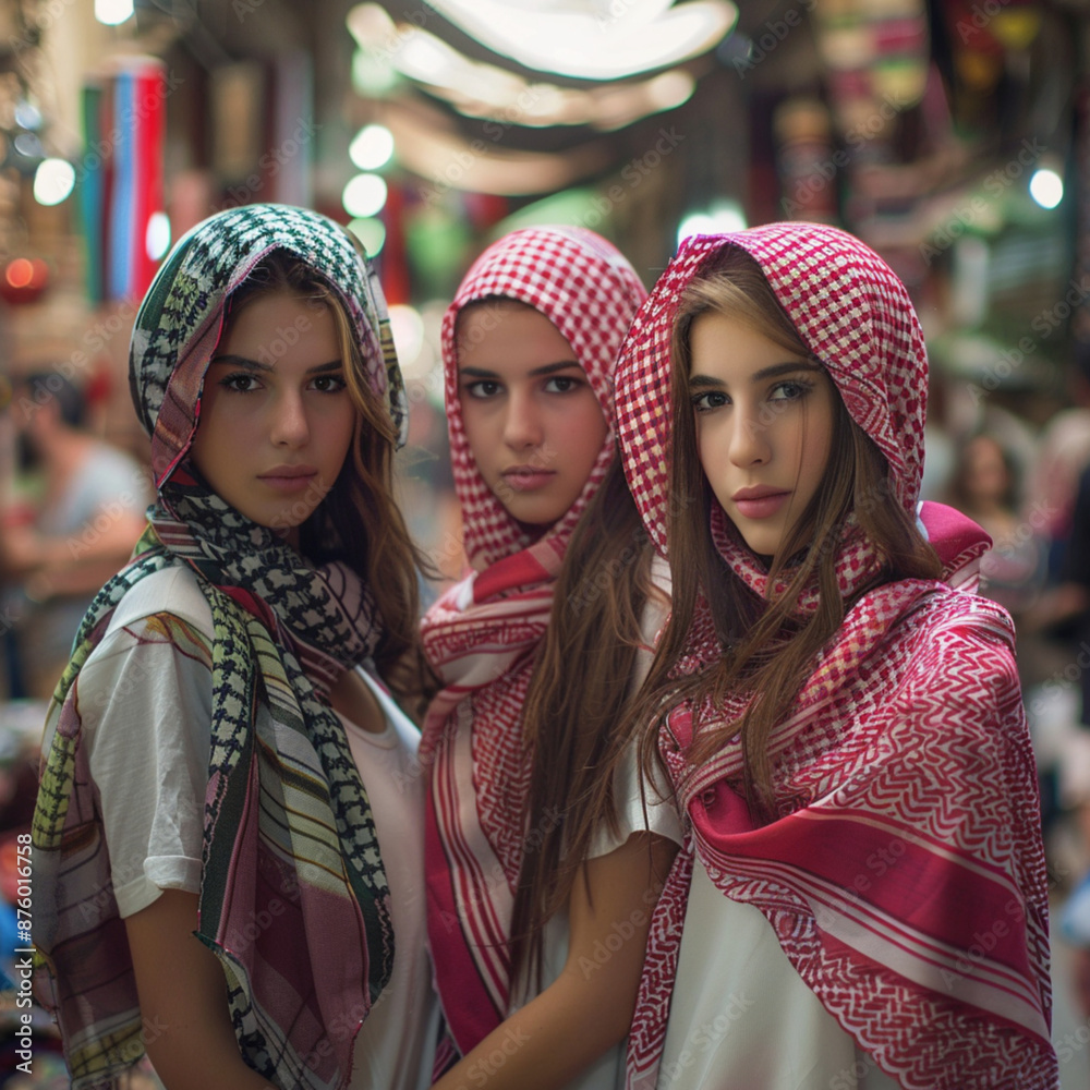 three arabic female models wearing Palestinian keffiyehs with a red and ...