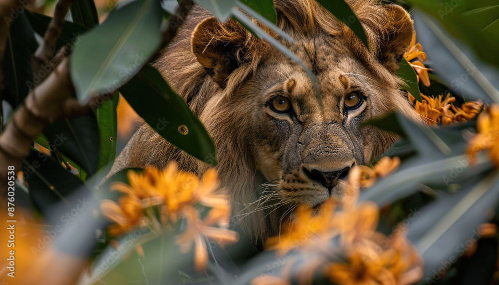 Lion, The king of the African jungle in a dense rainforest, Green ...