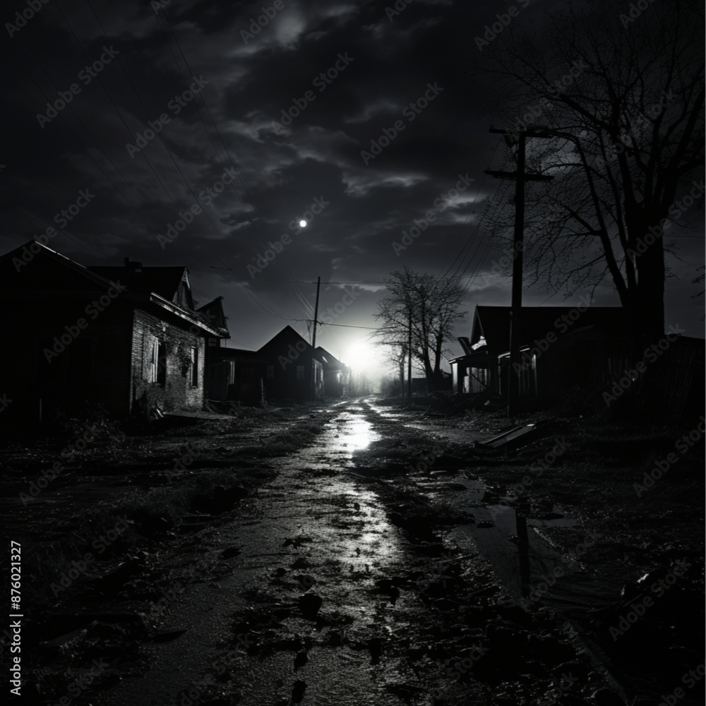 scary dark scary night sky, full moon, empty streets, ghetto setting ...