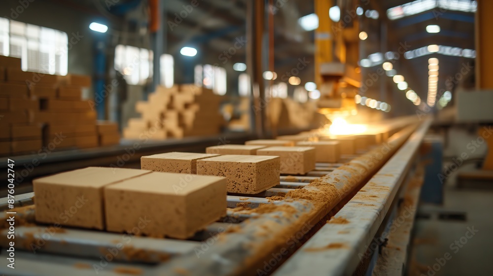 red ceramic clay bricks on conveyor belt rollers or production line ...