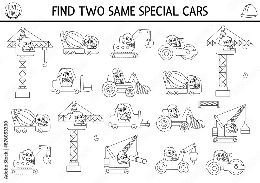 Find two same special cars. Construction site black and white matching ...