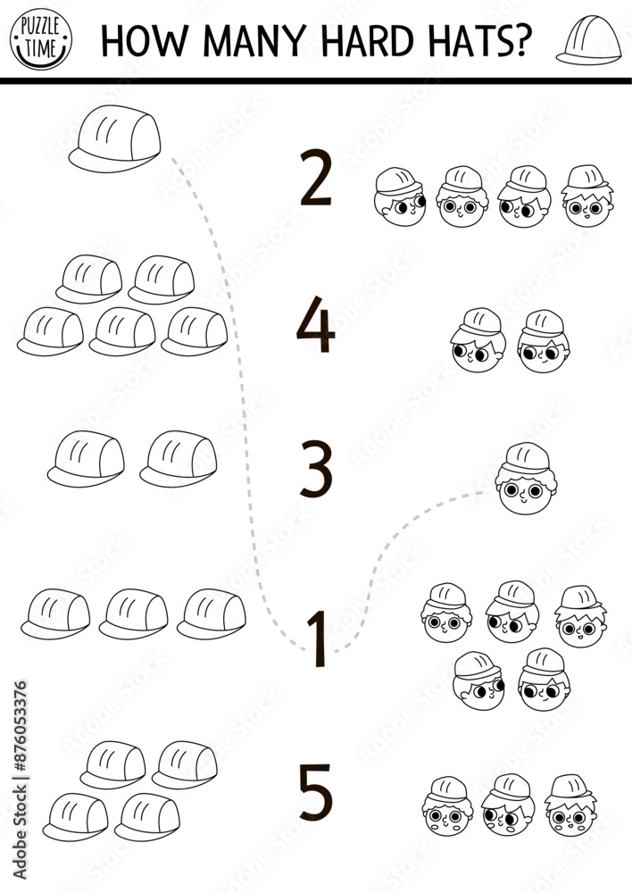 Match the numbers black and white construction site game with builders ...
