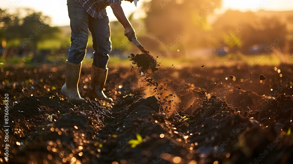 Farmer spreading biochar in field late sunlight highlights texture ...