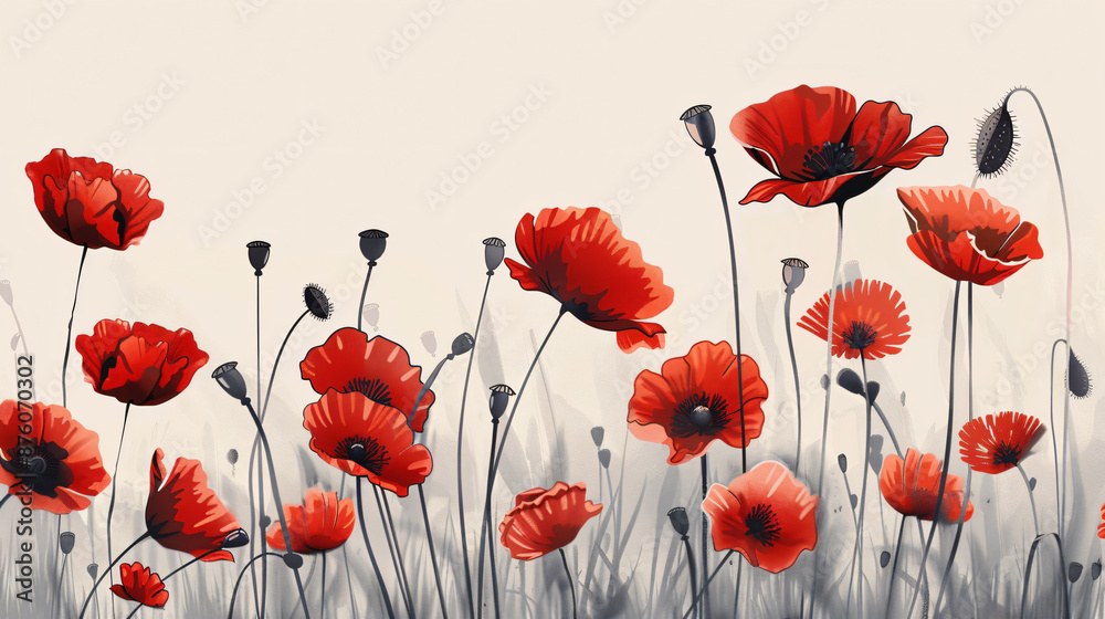 Red poppies in the field, illustration, ink style, hand drawn, simple ...