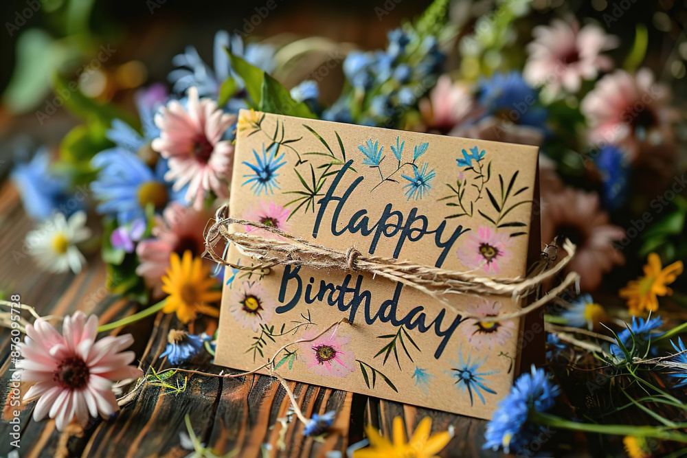 happy birthday greetings card with flowers, rustic style Stock Photo ...