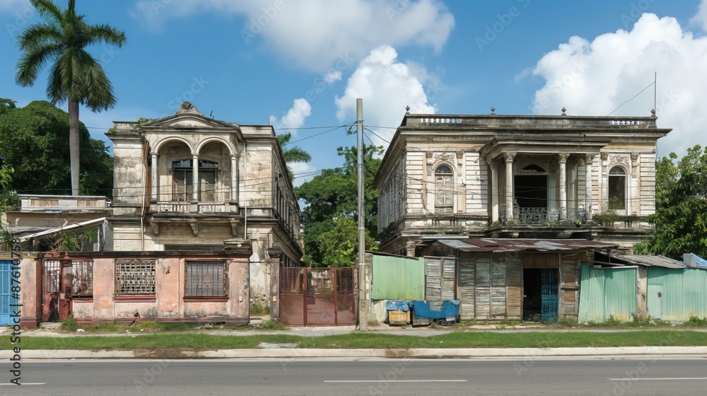 Large, weathered mansion with a crumbling facade stands next to a ...