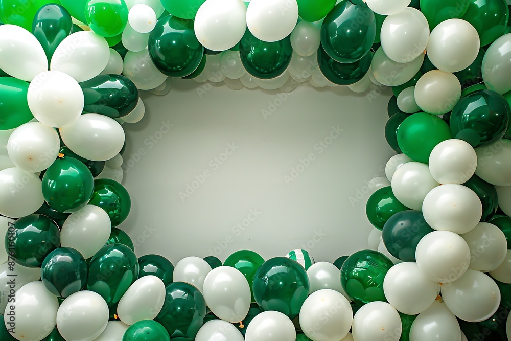 An elegant display of green and white balloons at the top and bottom ...