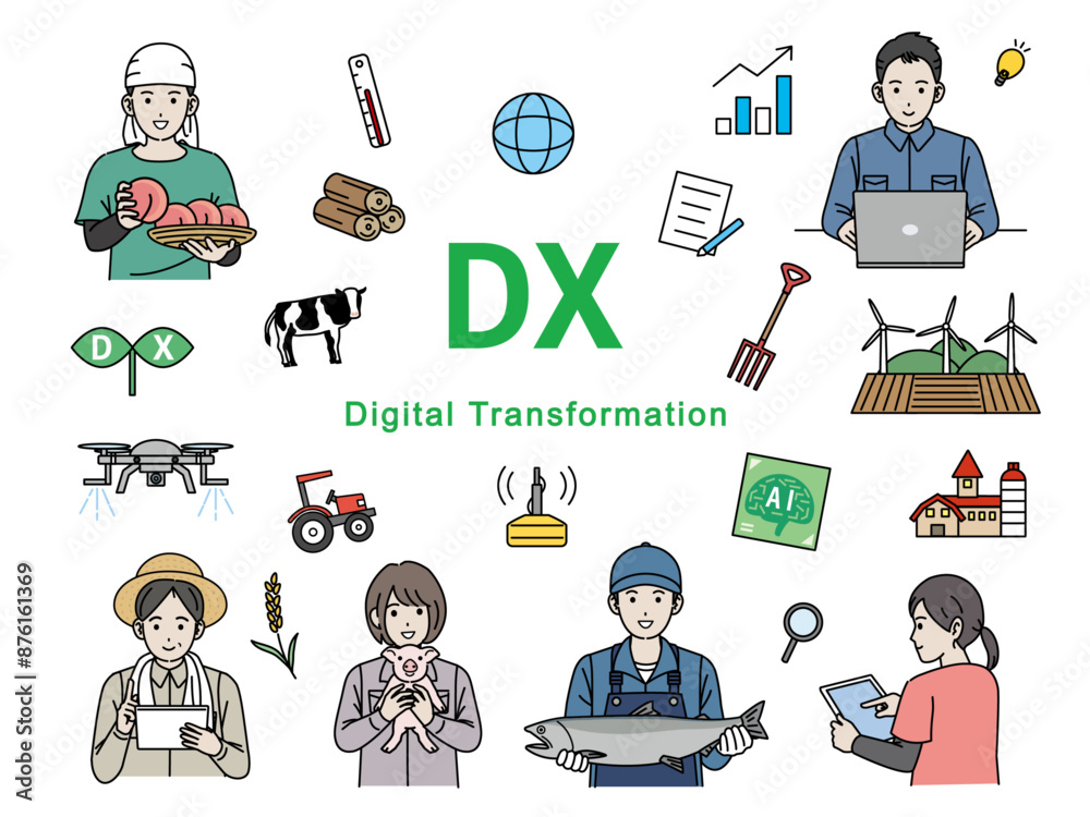 DX推進や取り組みをする一次産業のイラストセット の Stock ベクター | Adobe Stock