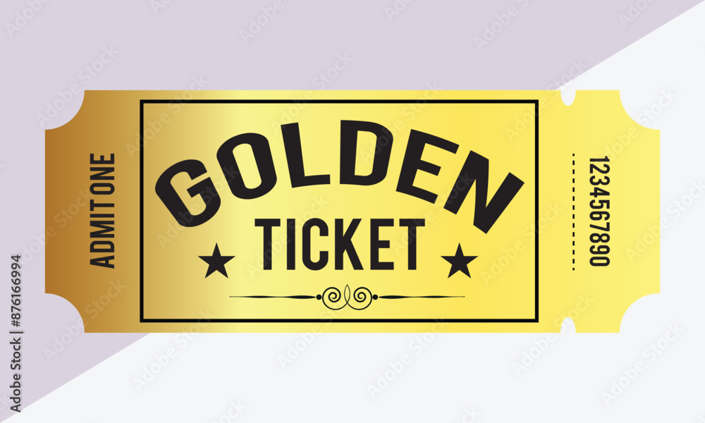Golden ticket template for entry. Vector cinema ticket mockup (tear-off ...
