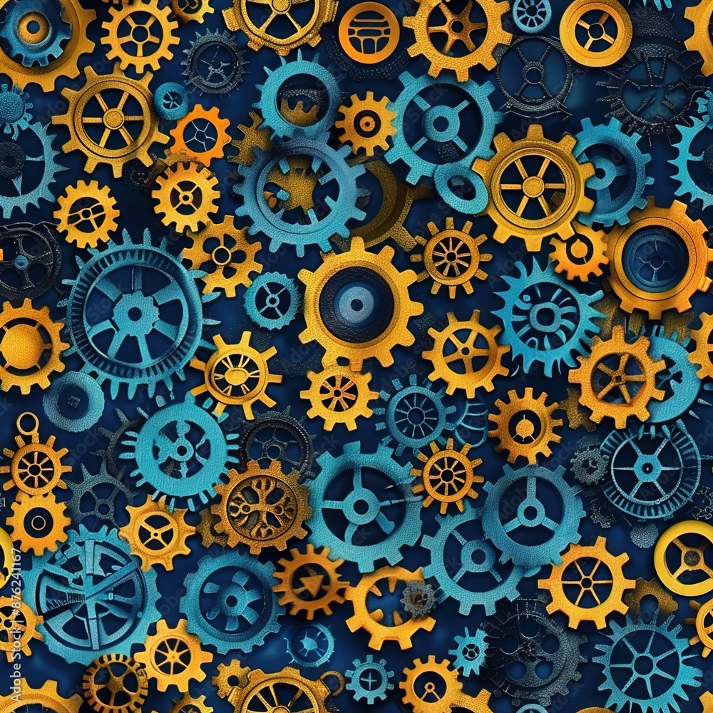 A complex and visually engaging array of interlocking cogs and gears in ...