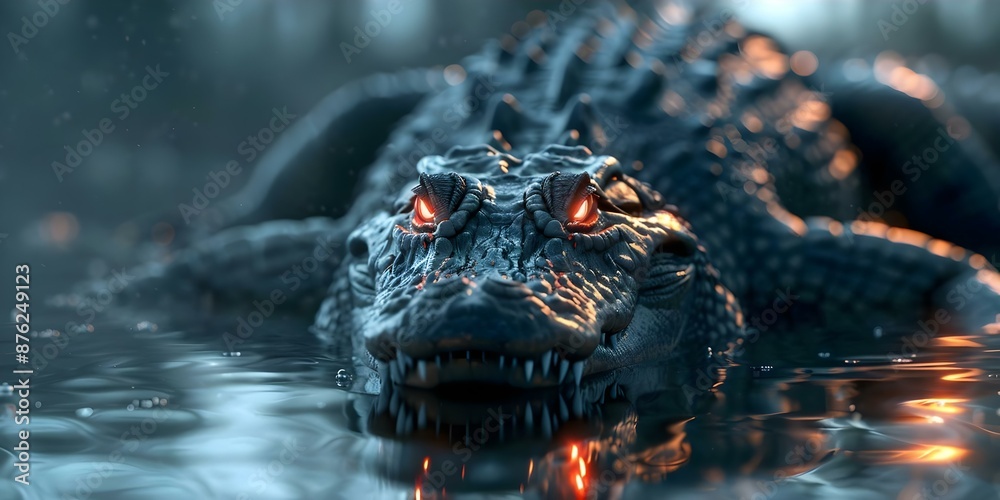 Cyberpunk crocodile with laser eyes patrols dystopian waterway blending ...