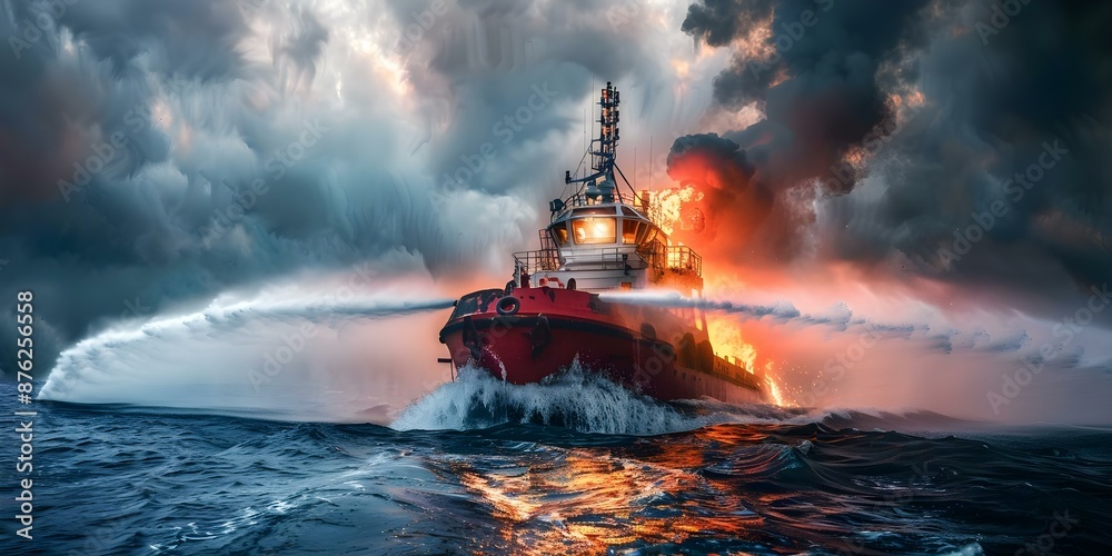 Firefighting tugboat spraying water on burning tanker. Concept ...