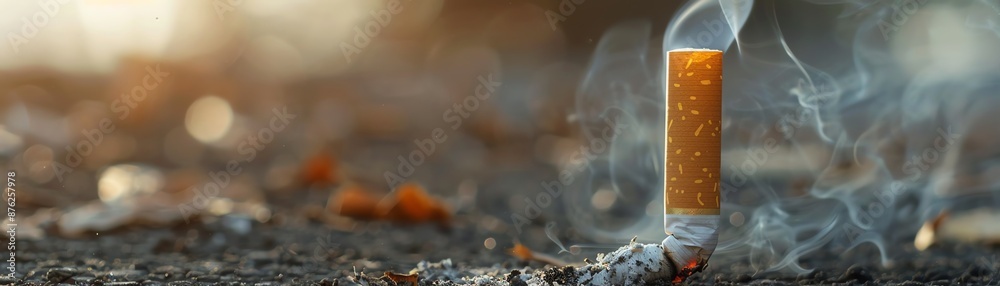 Cigarette butt extinguished on the ground, smoke rising, shallow depth ...