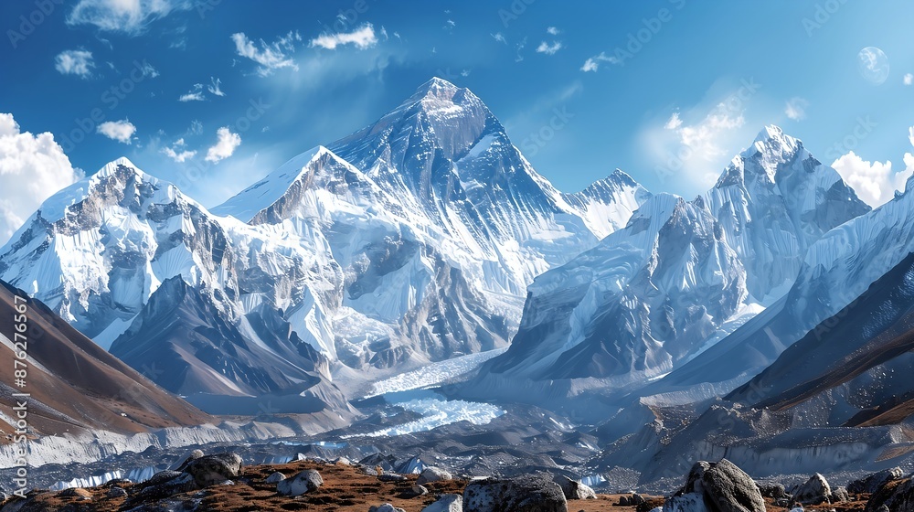 A panoramic scene of Mount Everest with the rugged terrain and snow ...