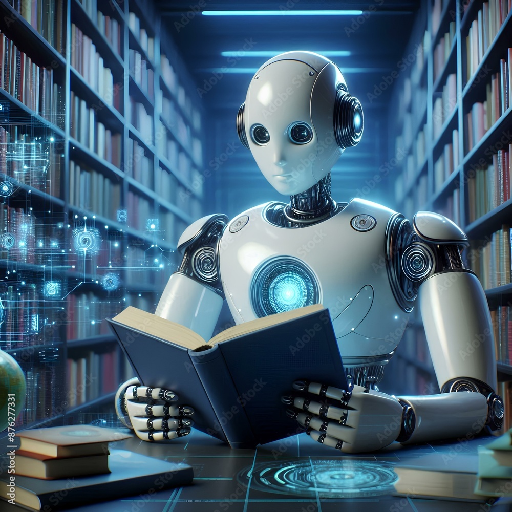 ai robot reading book in futuristic library artificial intelligence learning concept 3d ...