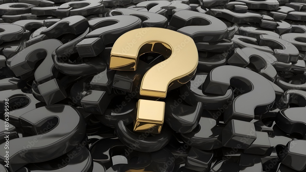 3D illustration of a massive pile of black question mark symbols, with ...