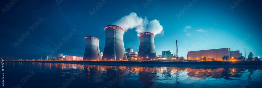 Nuclear Power Plant at Night illuminated at night, with lights on the ...
