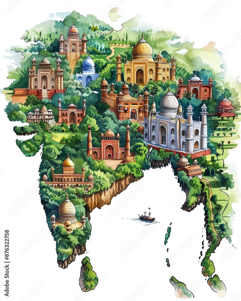 An illustration of India's map with iconic landmarks like the Taj Mahal ...
