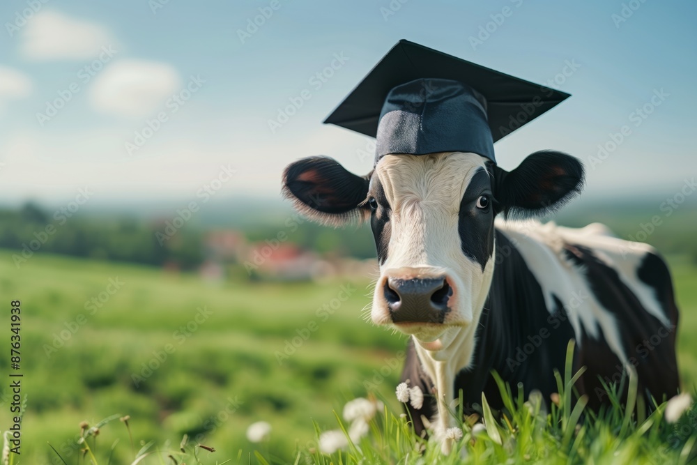 Here is the phrase in lower case: an adult cow wearing a graduation cap ...