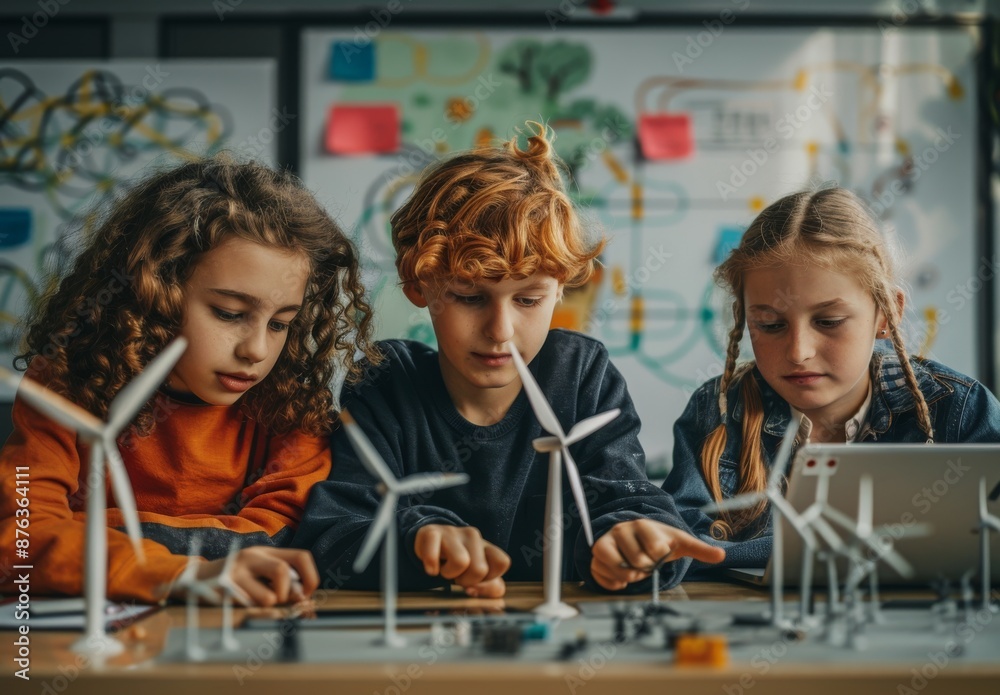 Three young kids engaged in a STEM project building wind turbines in a ...