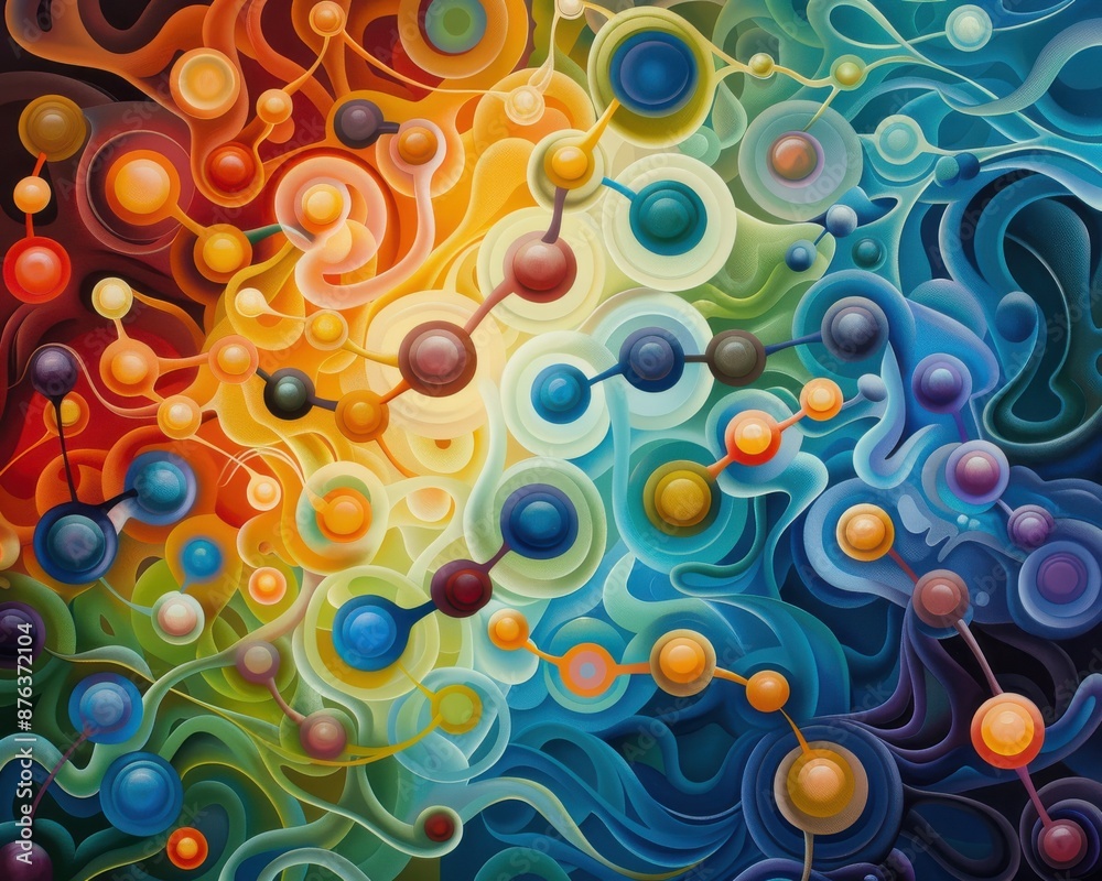 A vibrant illustration depicting different types of molecules swirling ...